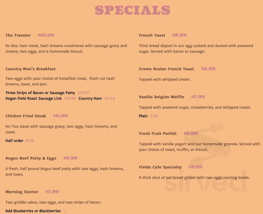 Berry Fields Cafe menu in Centralia, Washington, USA