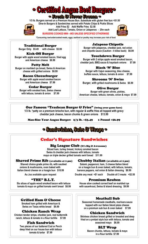 Three Cedars Restaurant menu in Millersburg, Michigan, USA
