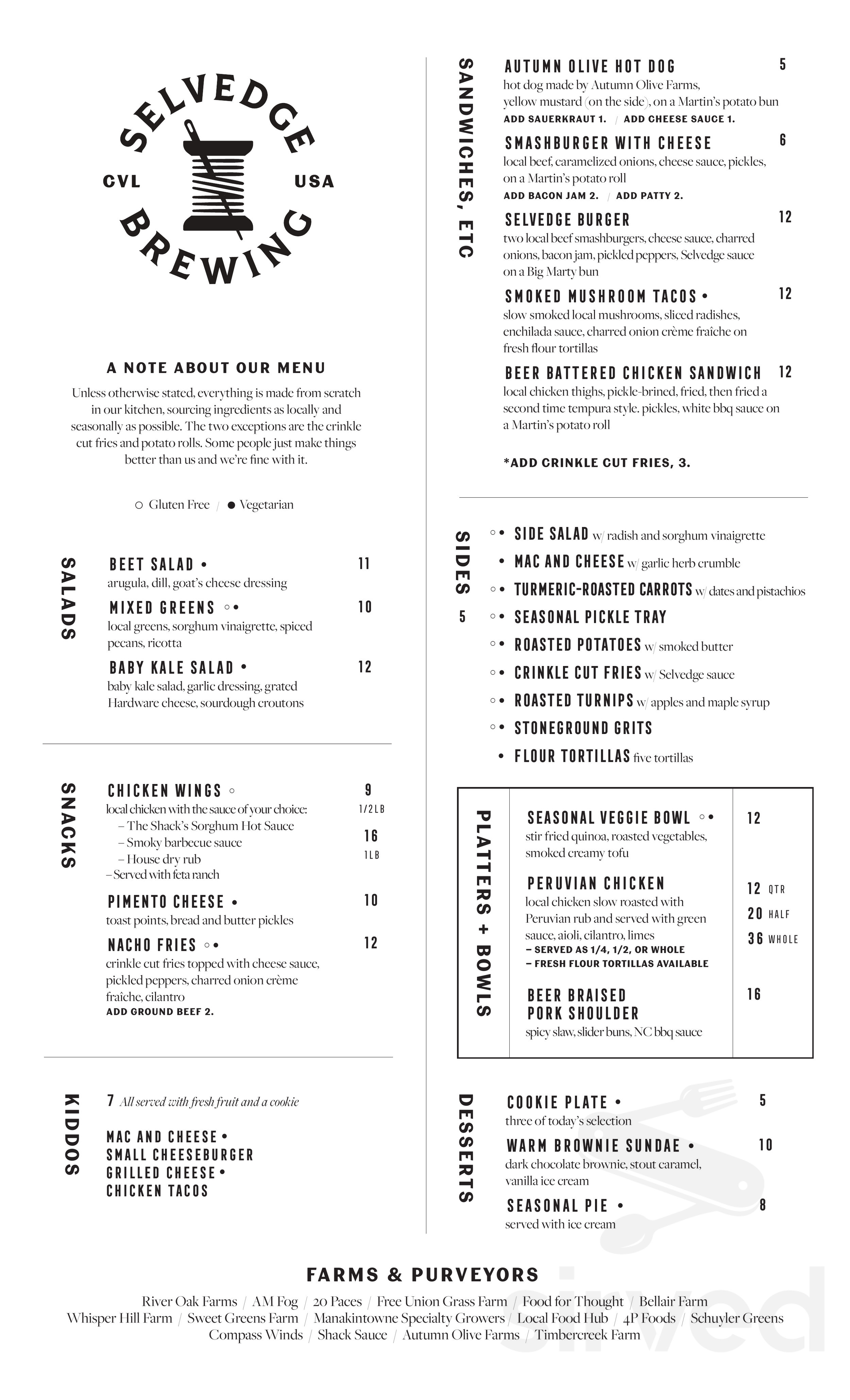 Menu for Selvedge Brewing in Charlottesville, VA | Sirved