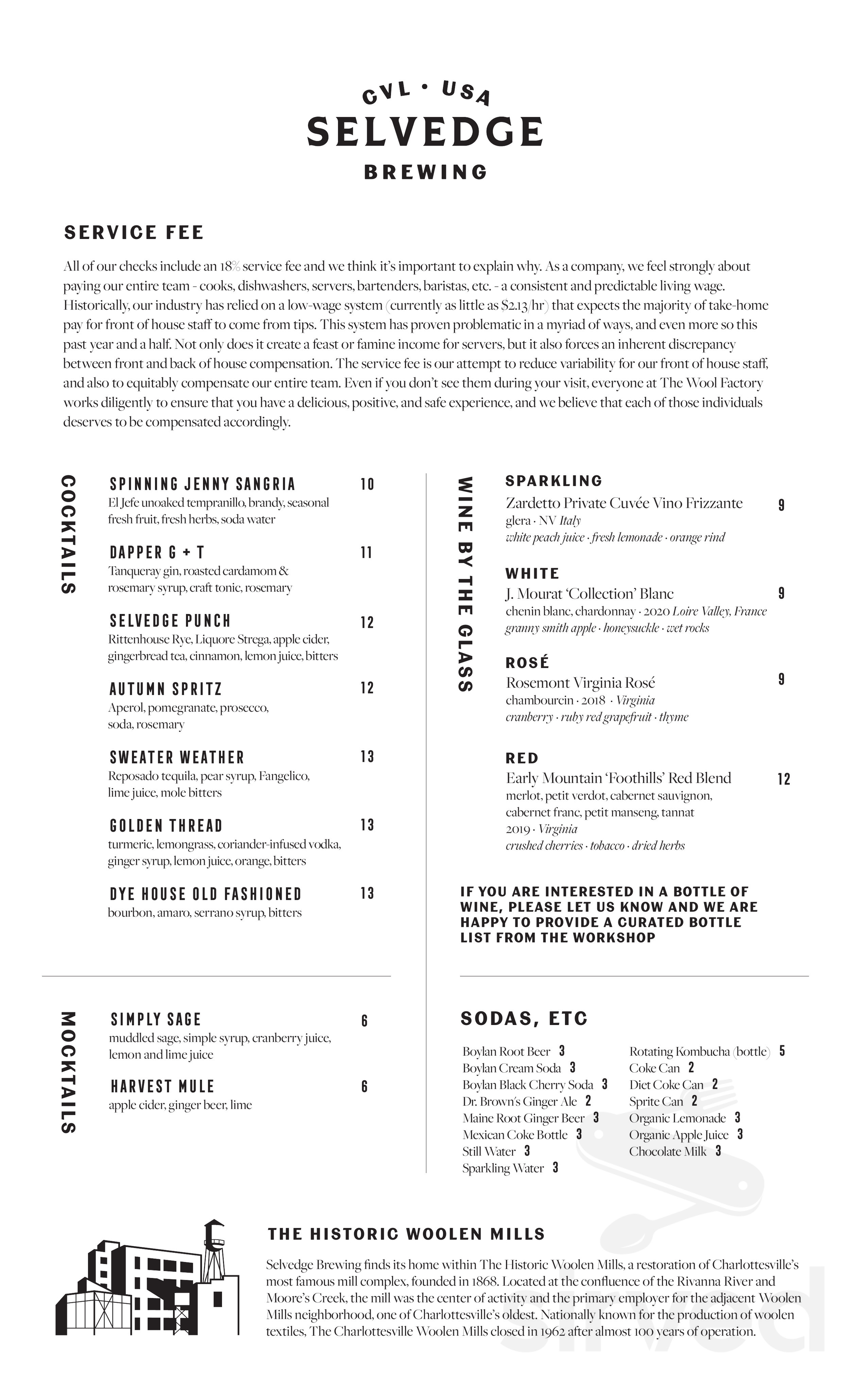 Menu for Selvedge Brewing in Charlottesville, VA | Sirved