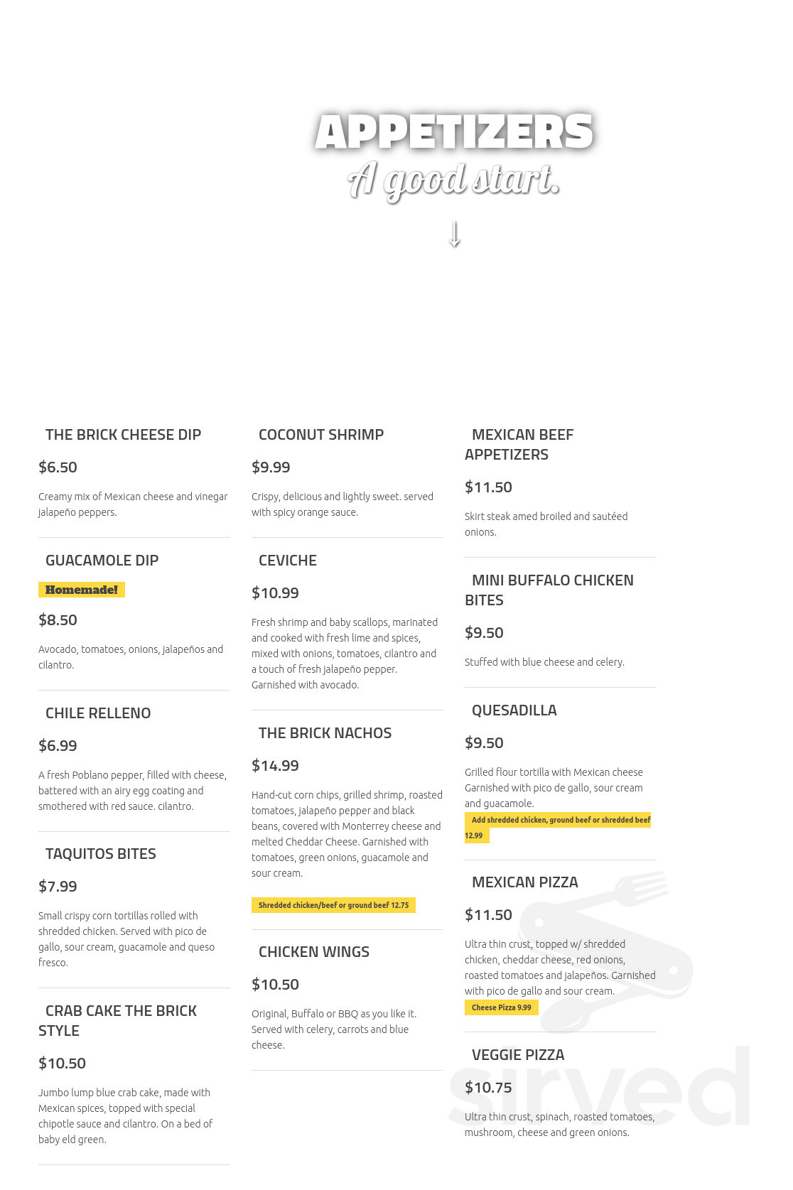 The Brick Mexican Grill menu in Sterling, Massachusetts, USA