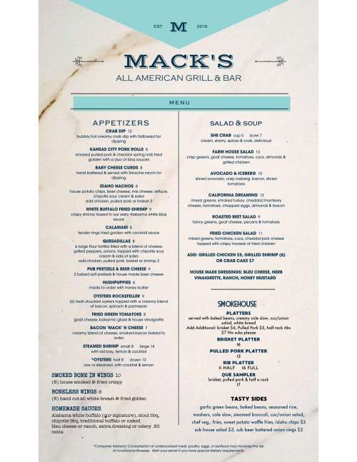 Mack's Barge menu in Norfolk, Virginia, USA