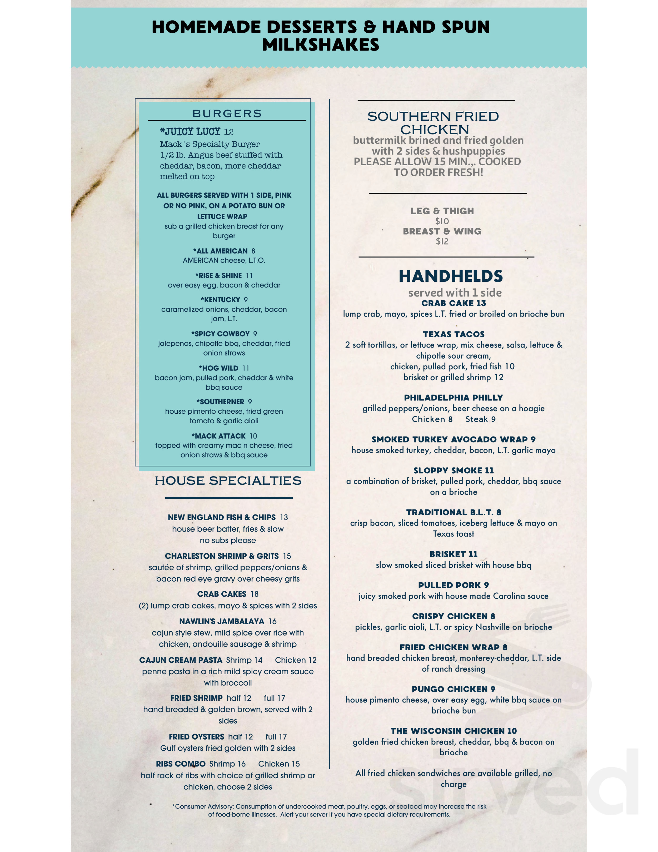 Mack's Barge menu in Norfolk, Virginia, USA