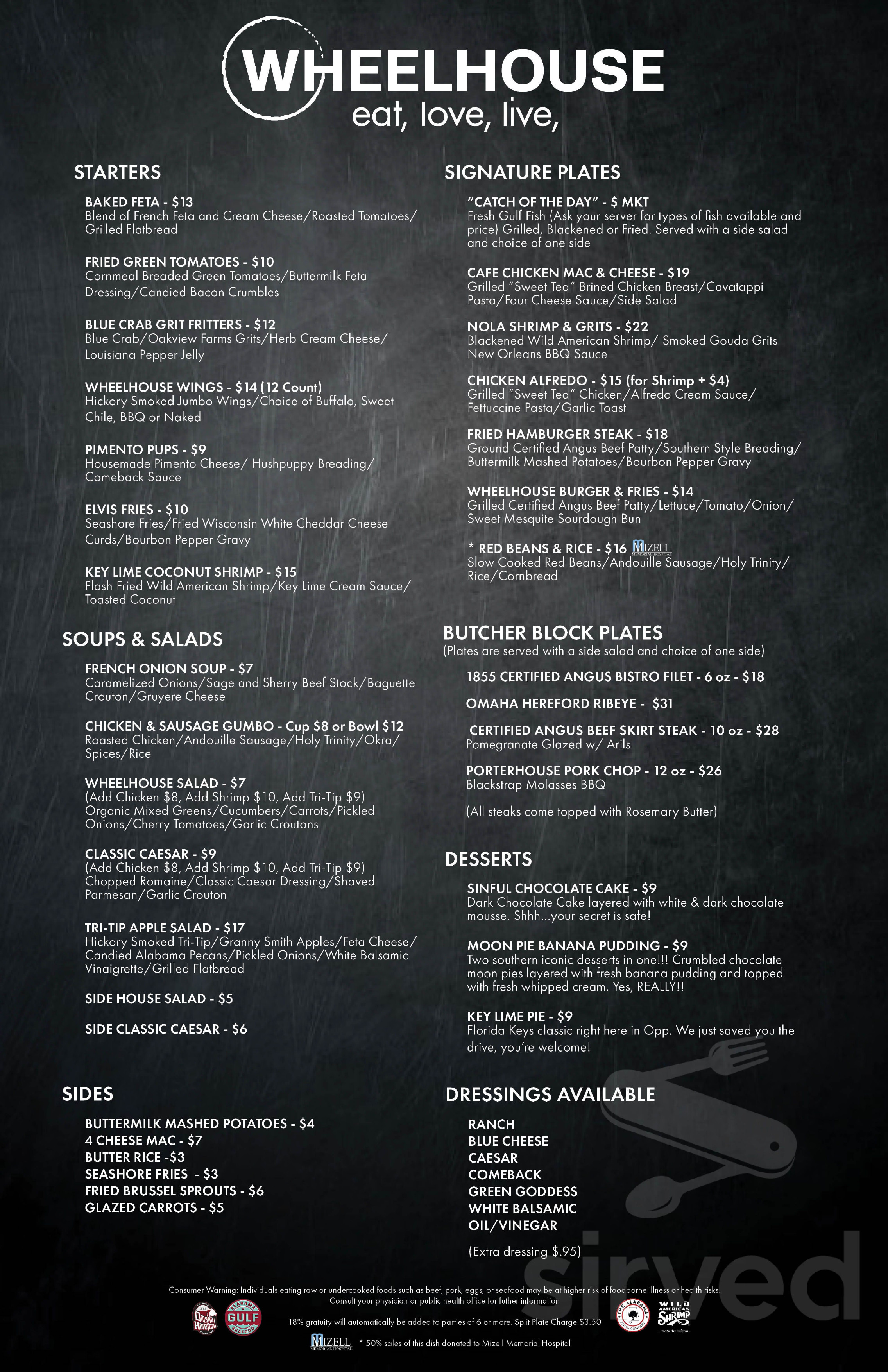 Wheelhouse menu in Opp, Alabama, USA