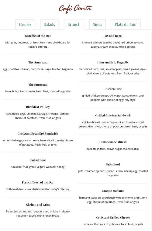 Café Conti menu in New Orleans, Louisiana, USA