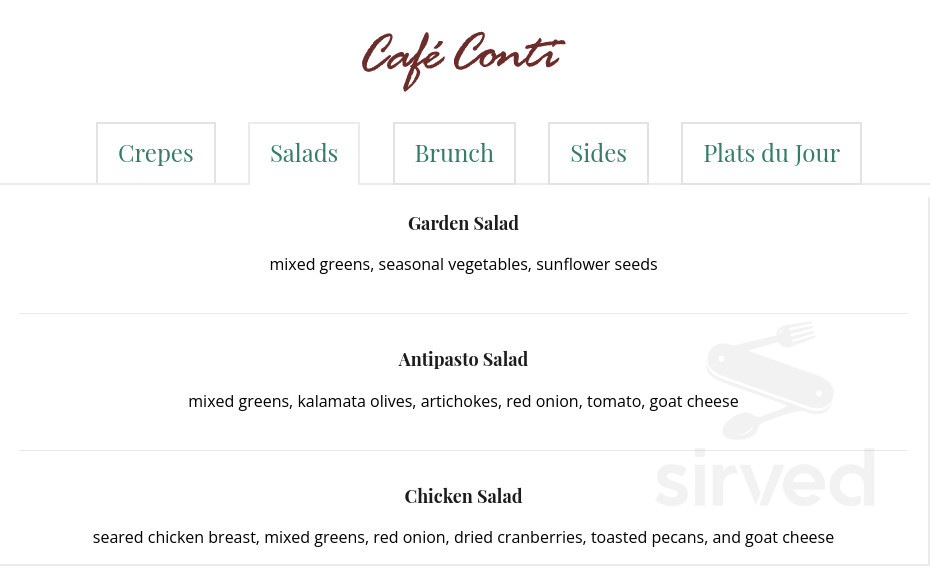 Café Conti menu in New Orleans, Louisiana, USA