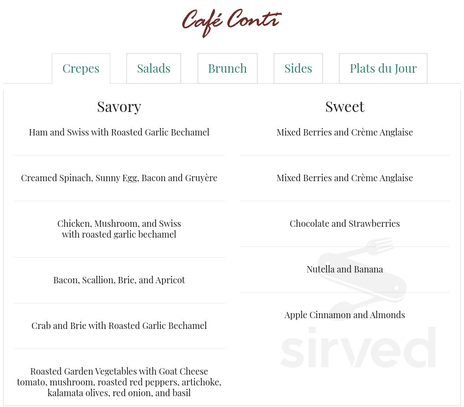 Café Conti menu in New Orleans, Louisiana, USA