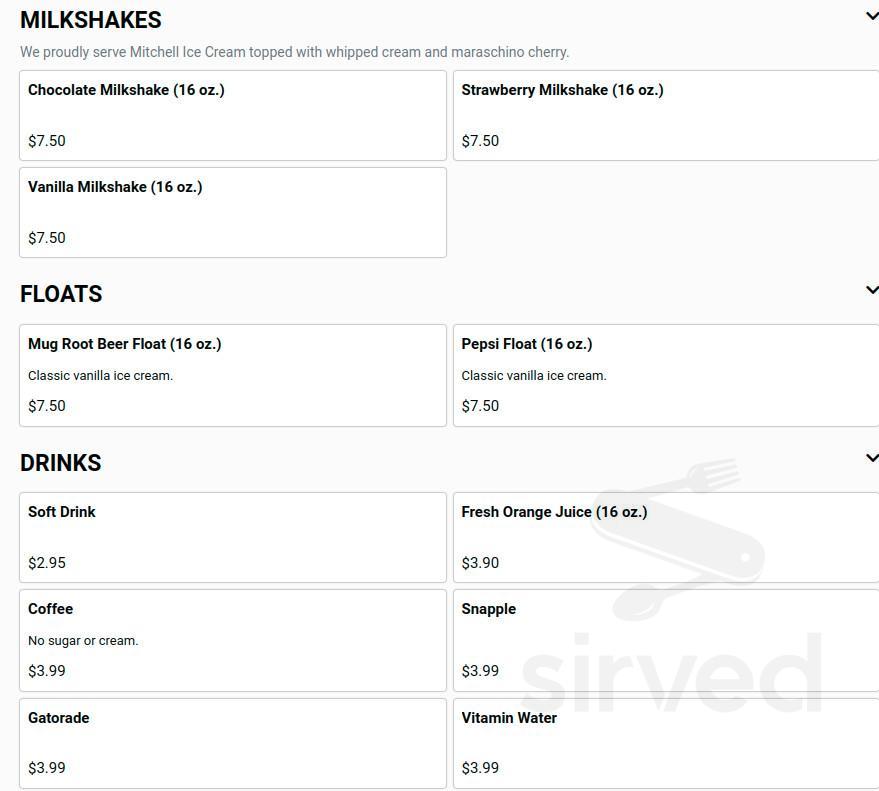 Flipper's Gourmet Burgers menu in San Francisco, California, USA