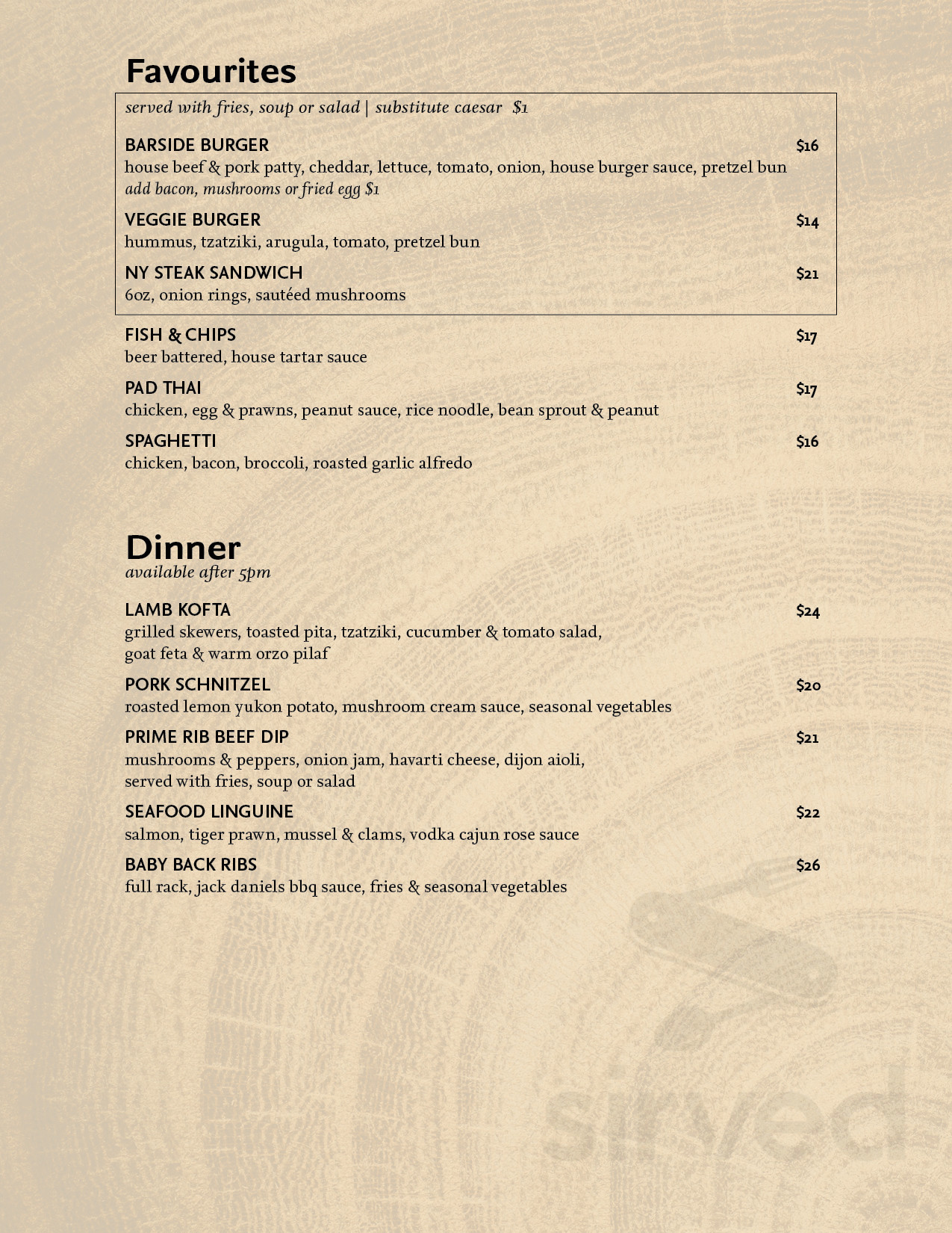BARSIDE Lounge & Grill menus in Kamloops, British Columbia, Canada