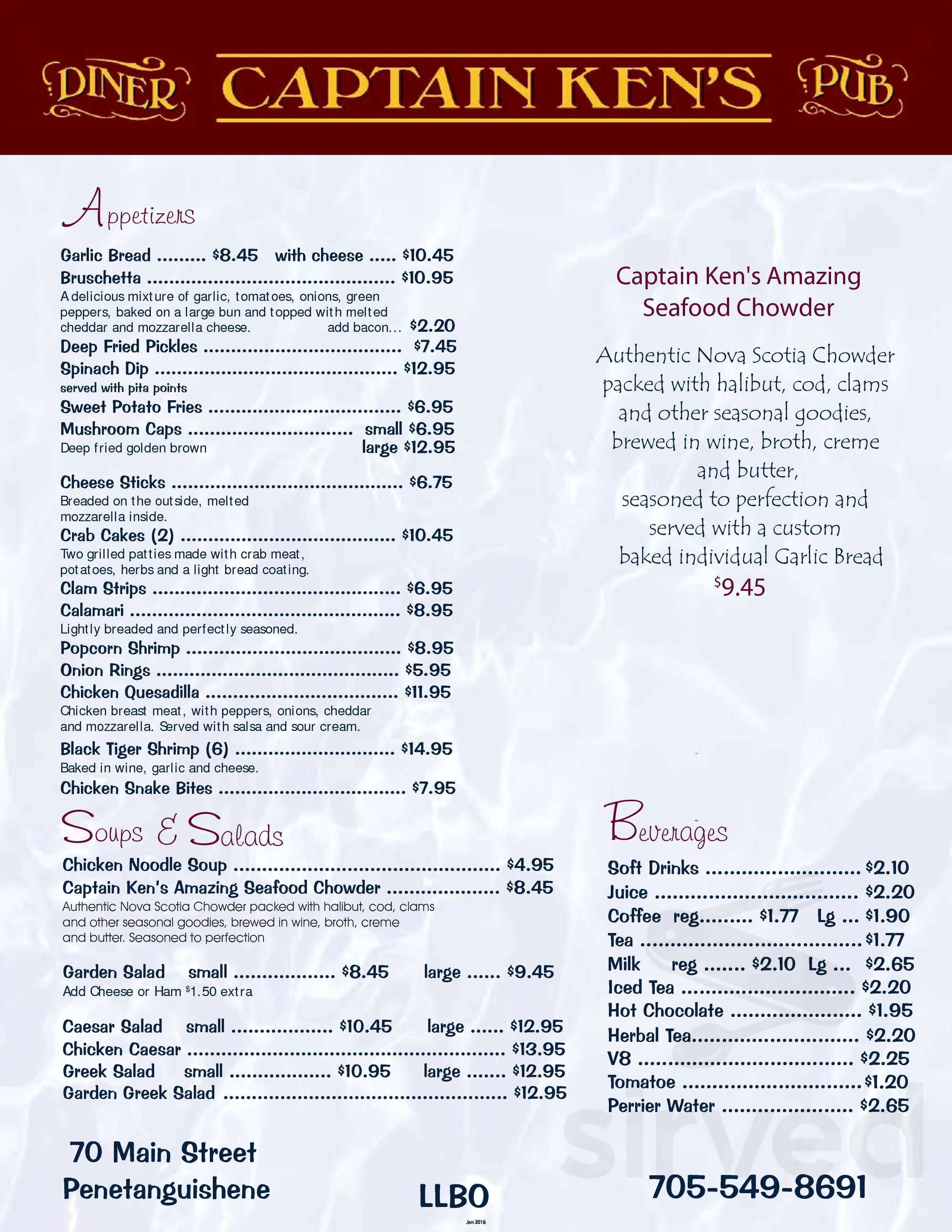 Captain Ken's menu in Penetanguishene, Ontario, Canada