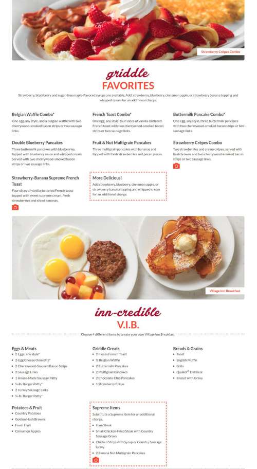 Village Inn menu in Tampa, Florida, USA