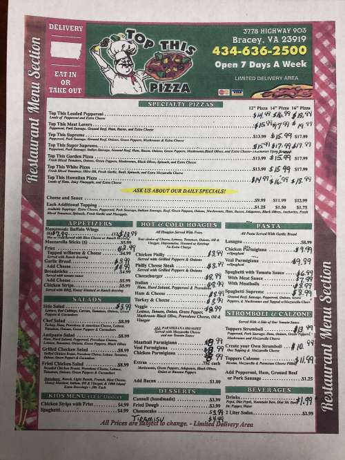 Top It Pizza menu in Bracey, Virginia, USA