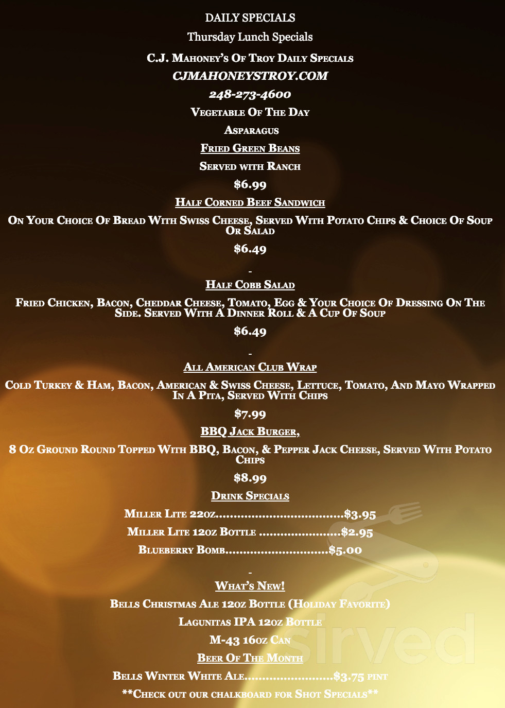 CJ Mahoney's Troy menu in Troy, Michigan, USA