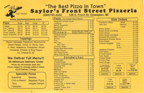 Saylor's Front Street Pizzeria menu in Dowagiac, Michigan, USA