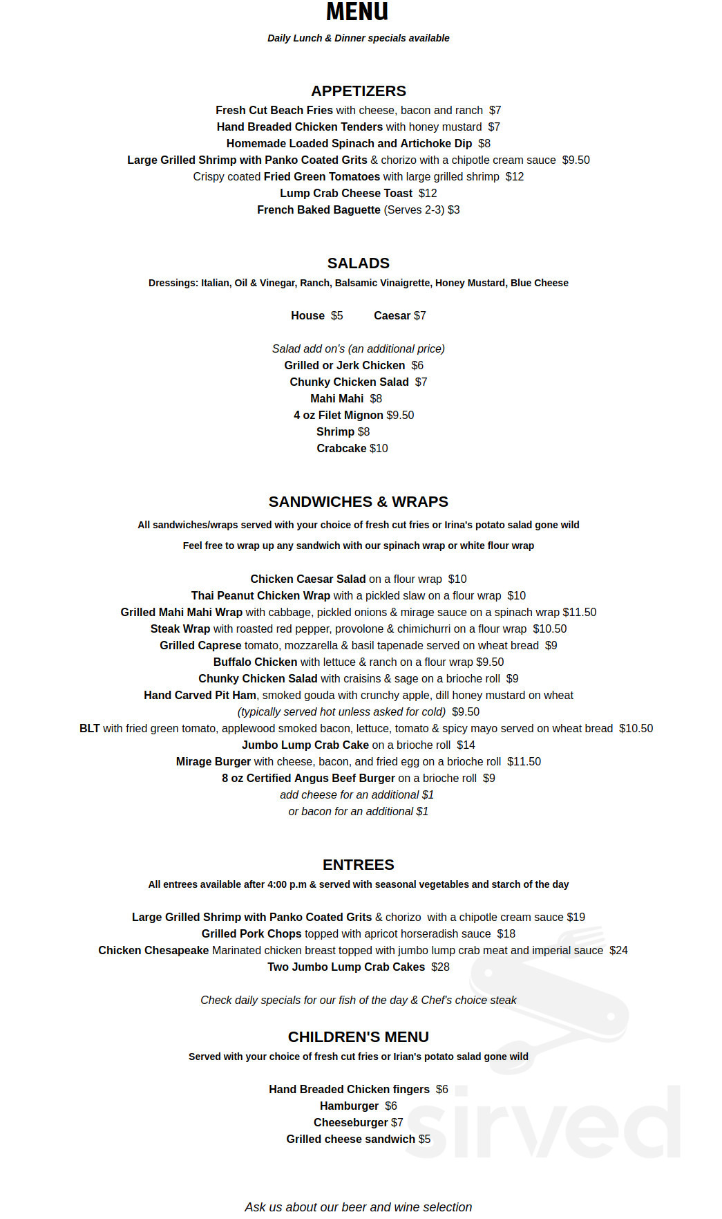 Menu for Cafe Mirage in Ocean City, MD | Sirved