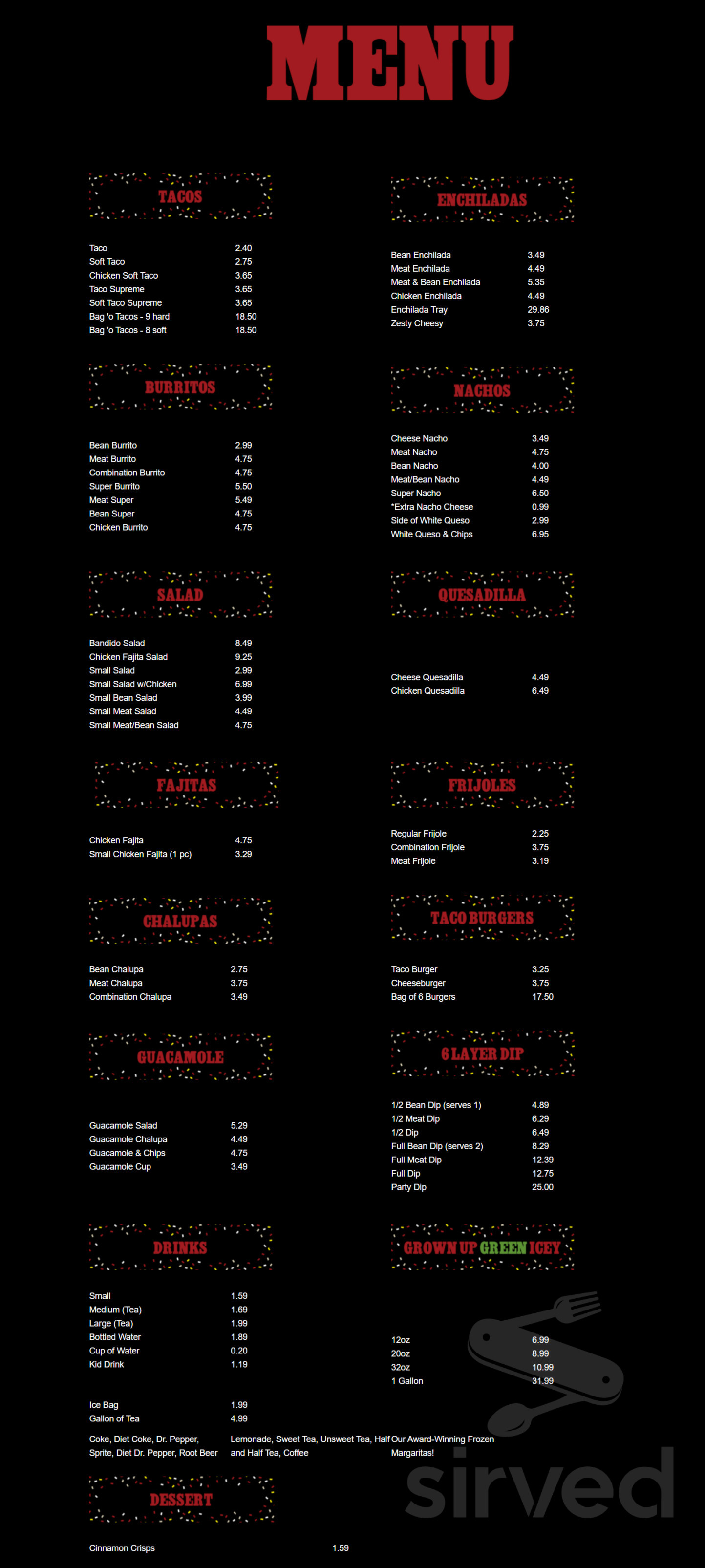 Menu for Taco Bandido in Monroe, LA | Sirved