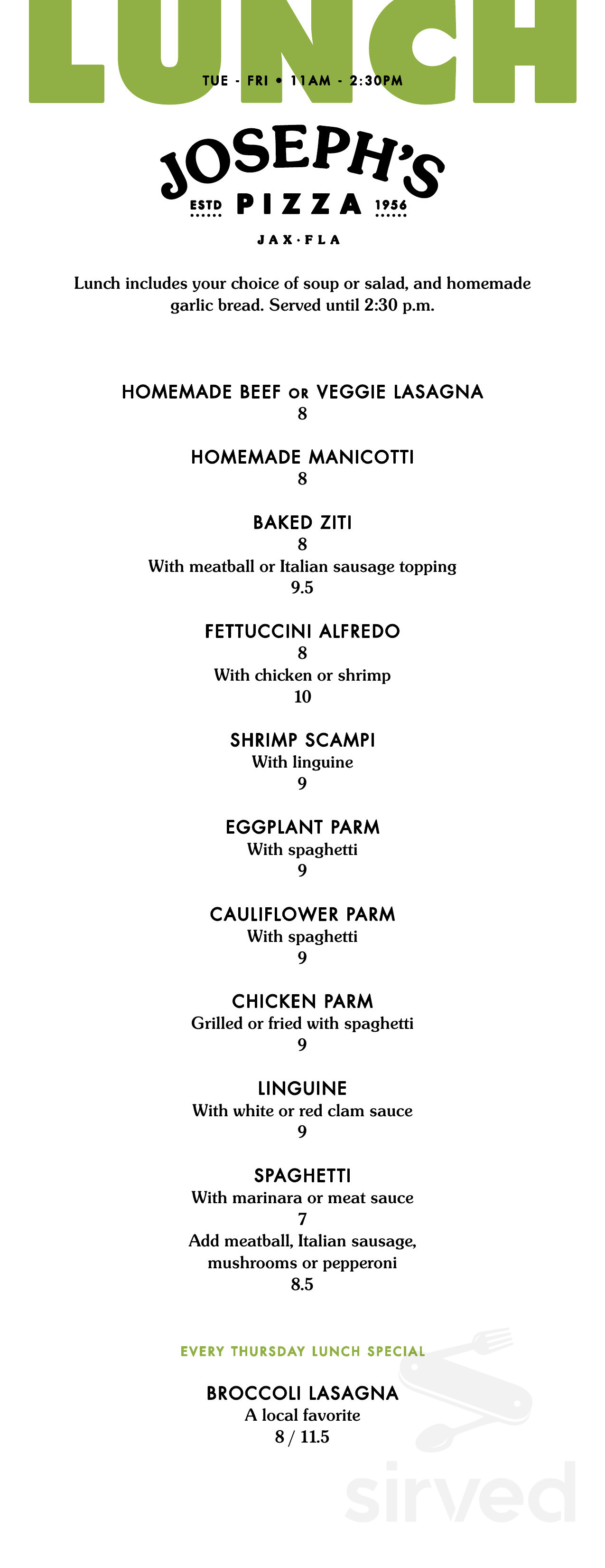 Menu for Joseph's Pizza on Main St in Jacksonville, FL | Sirved
