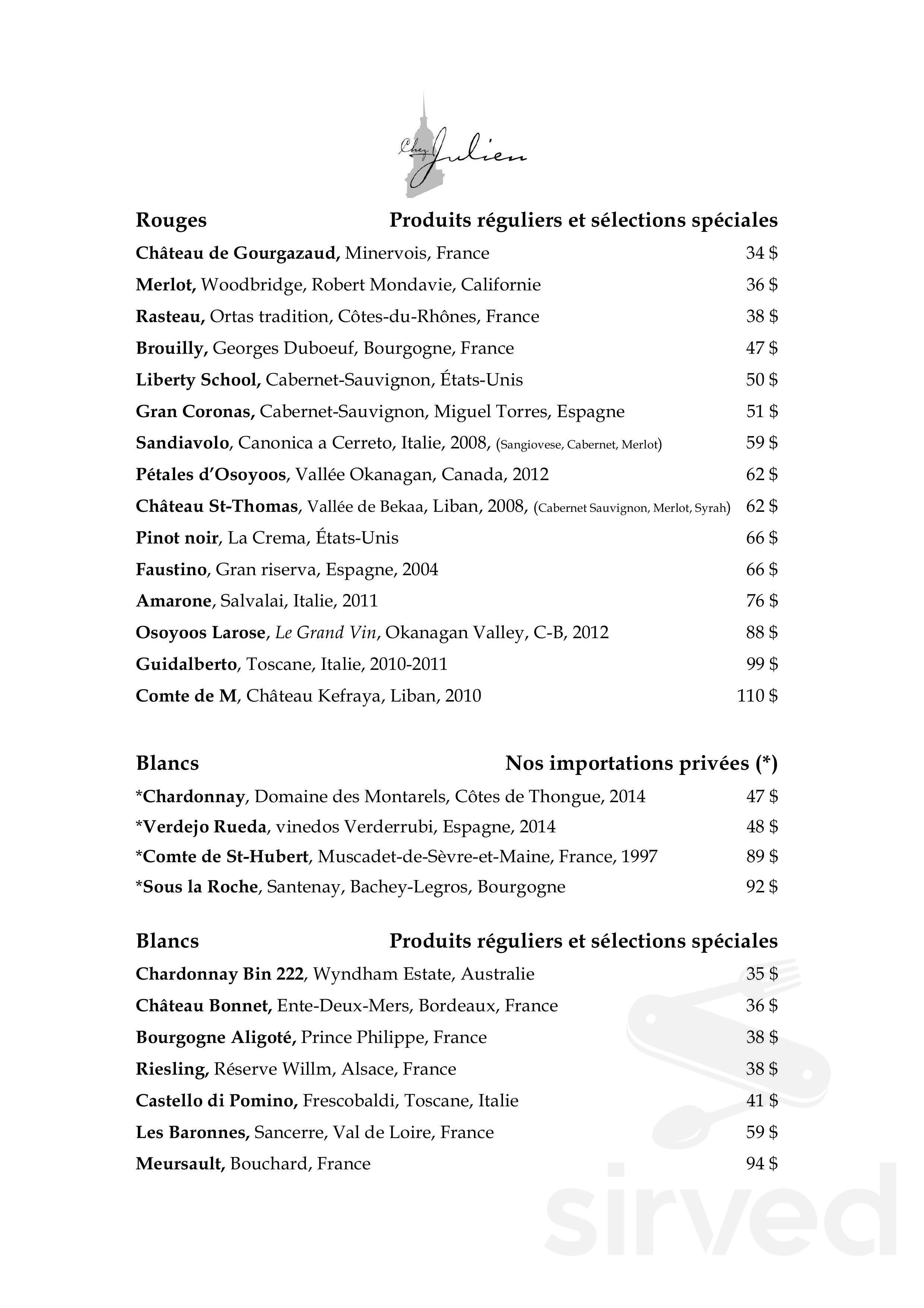Chez Julien menu in La Prairie, Quebec, Canada