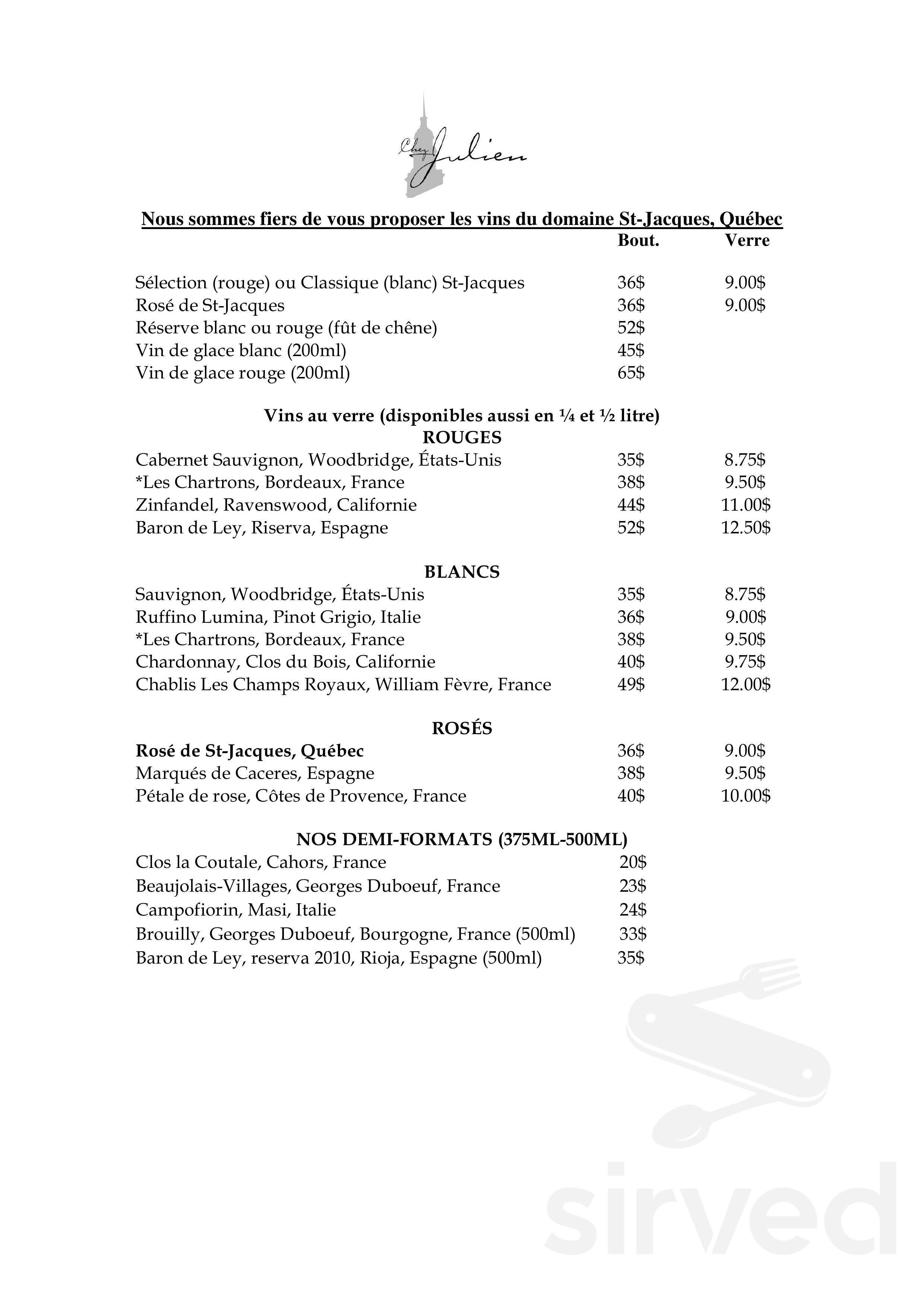 Chez Julien menu in La Prairie, Quebec, Canada