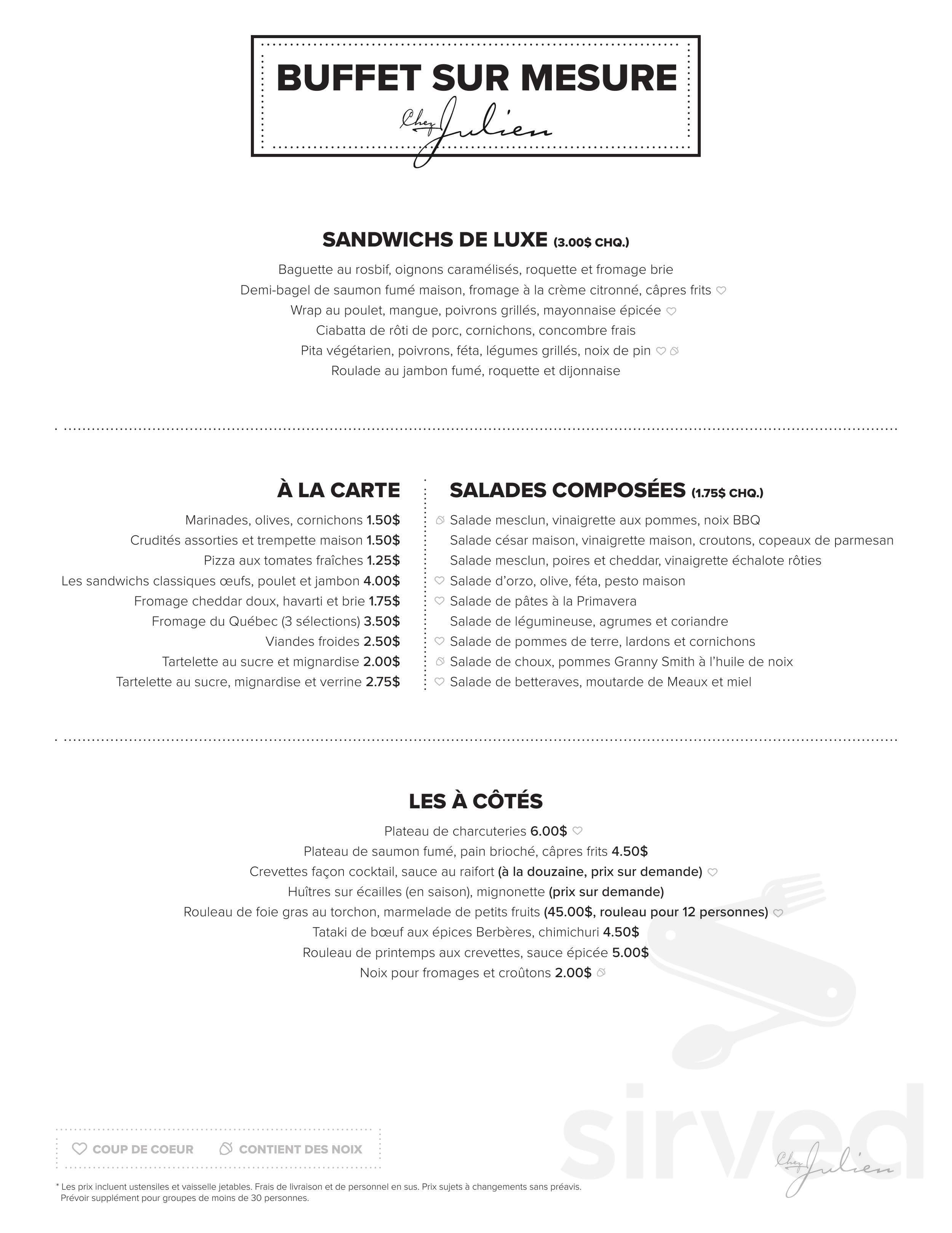 Chez Julien menu in La Prairie, Quebec, Canada