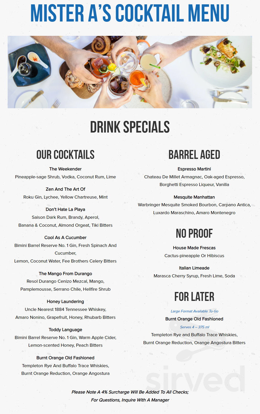 Mister A's menu in San Diego, California, USA