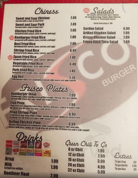 Frisco Burger menu in El Paso, Texas, USA
