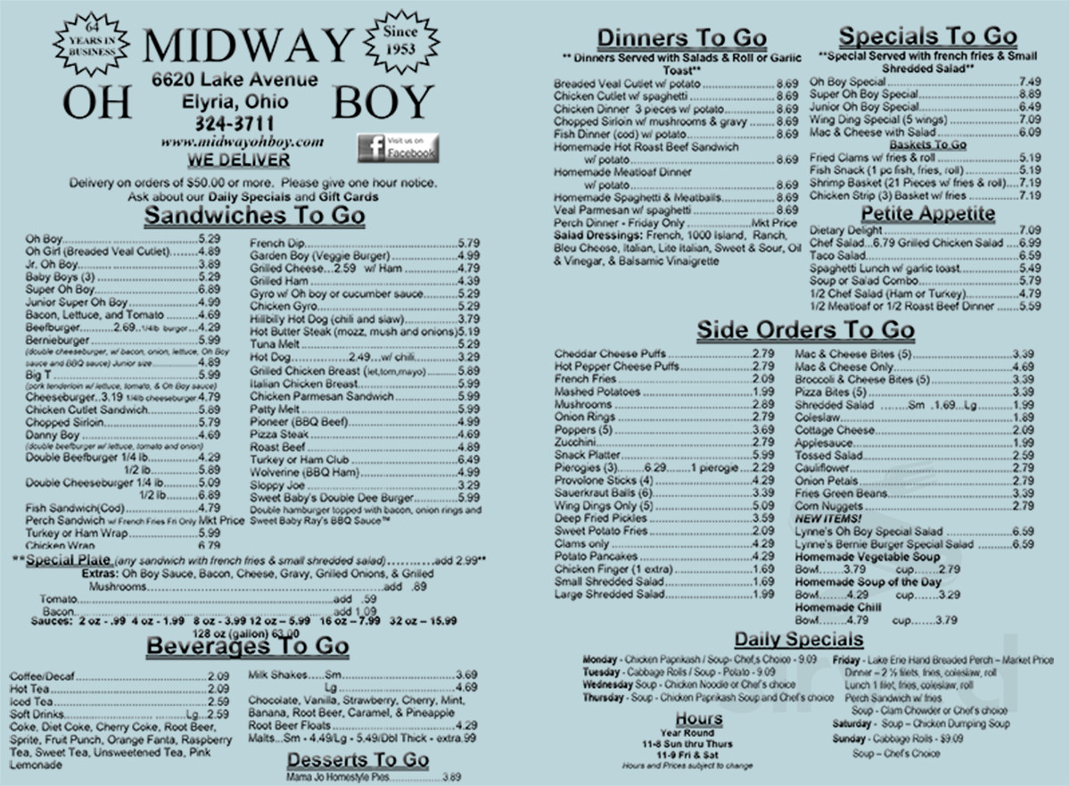 Menu for Midway Oh Boy Restaurant in Elyria, OH | Sirved