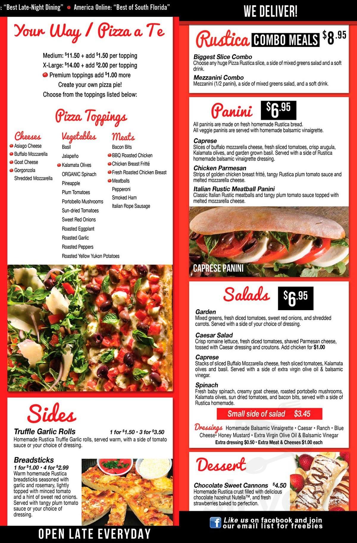 Pizza Rustica menu in Fort Lauderdale, Florida, USA