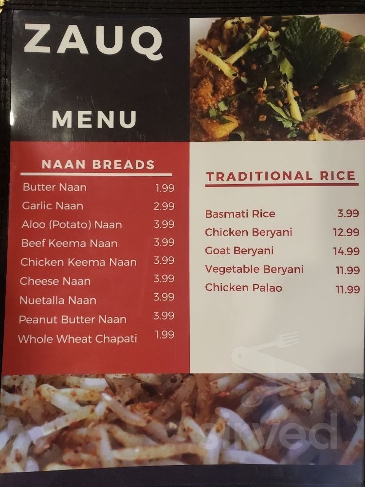 ZAUQ Indian and Pakistani Cuisine menu in Tampa, Florida, USA