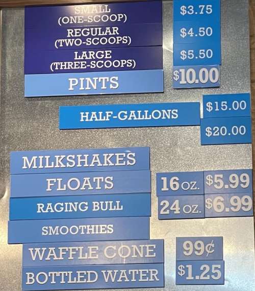 Tipsy Cow Ice Cream menu in New Braunfels, Texas, USA