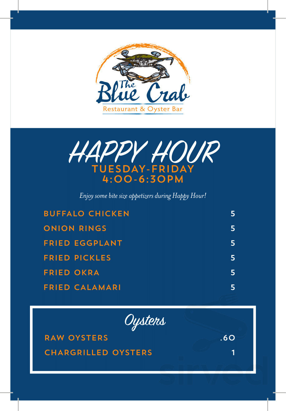 Menu for The Blue Crab Restaurant New Orleans in New Orleans, LA | Sirved