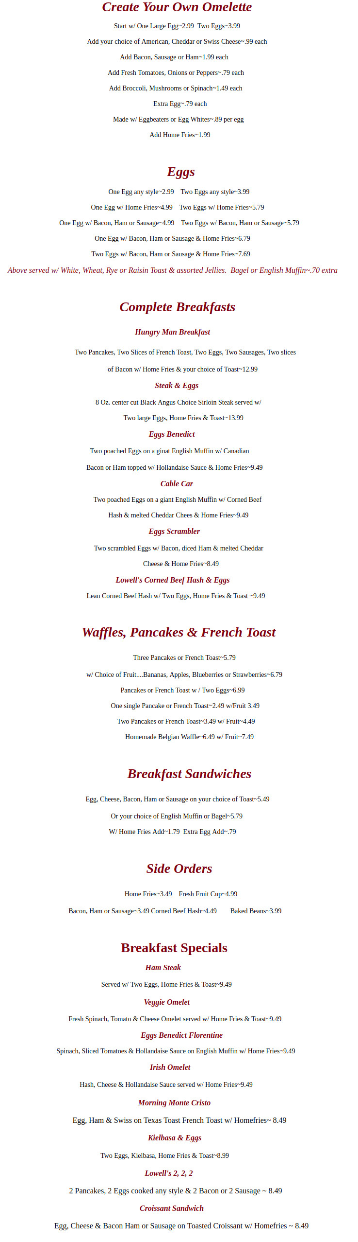 Menu for Lowell's Restaurant in Mendon, MA | Sirved