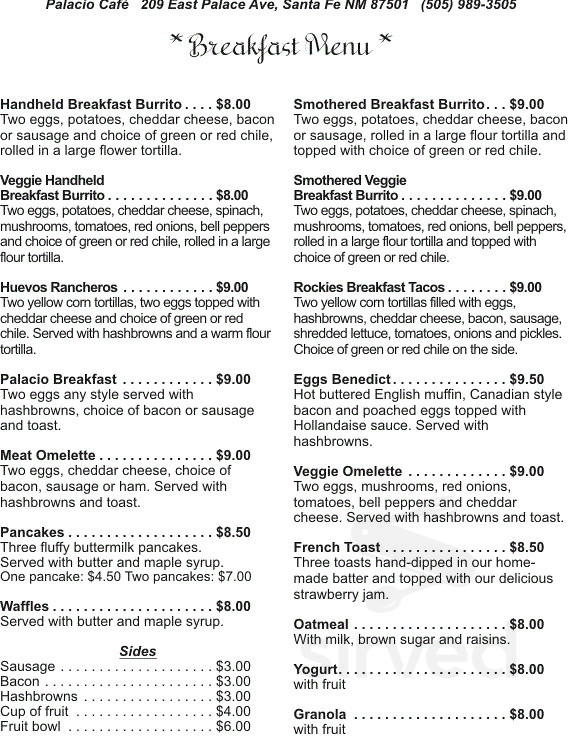 Palacio Restaurant menu in Santa Fe, New Mexico, USA