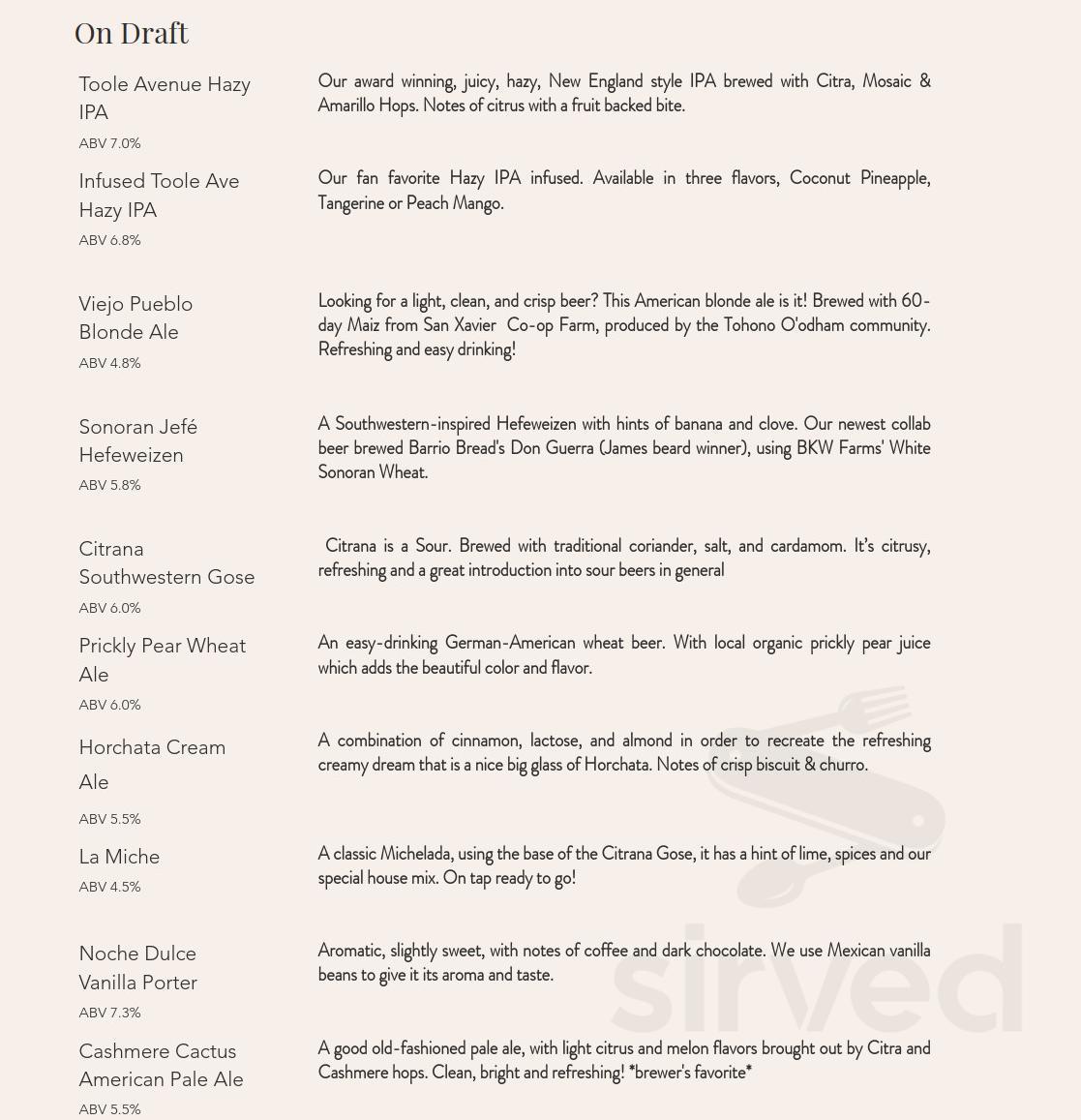 Borderlands Brewing Company menu in Tucson, Arizona, USA