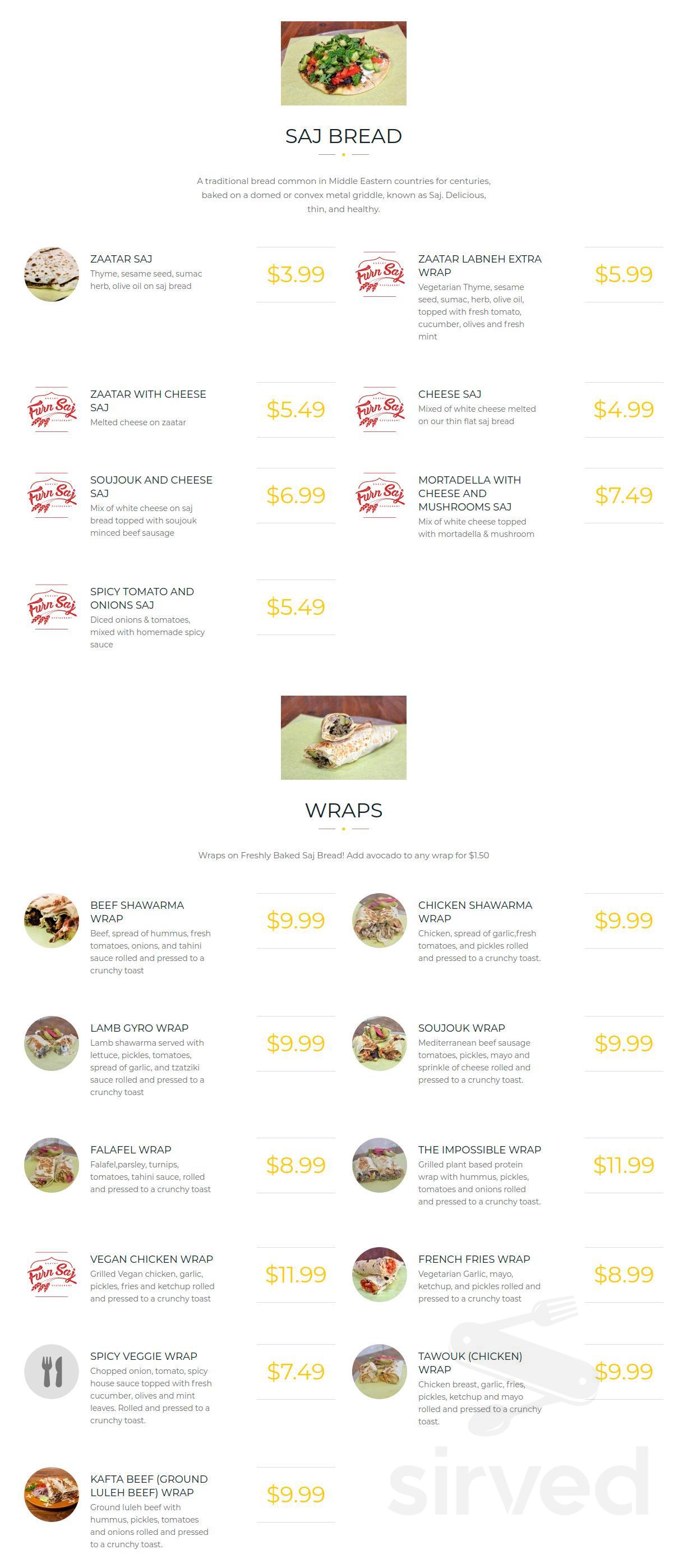 Furn Saj Restaurant & Bakery menu in Glendora, California, USA