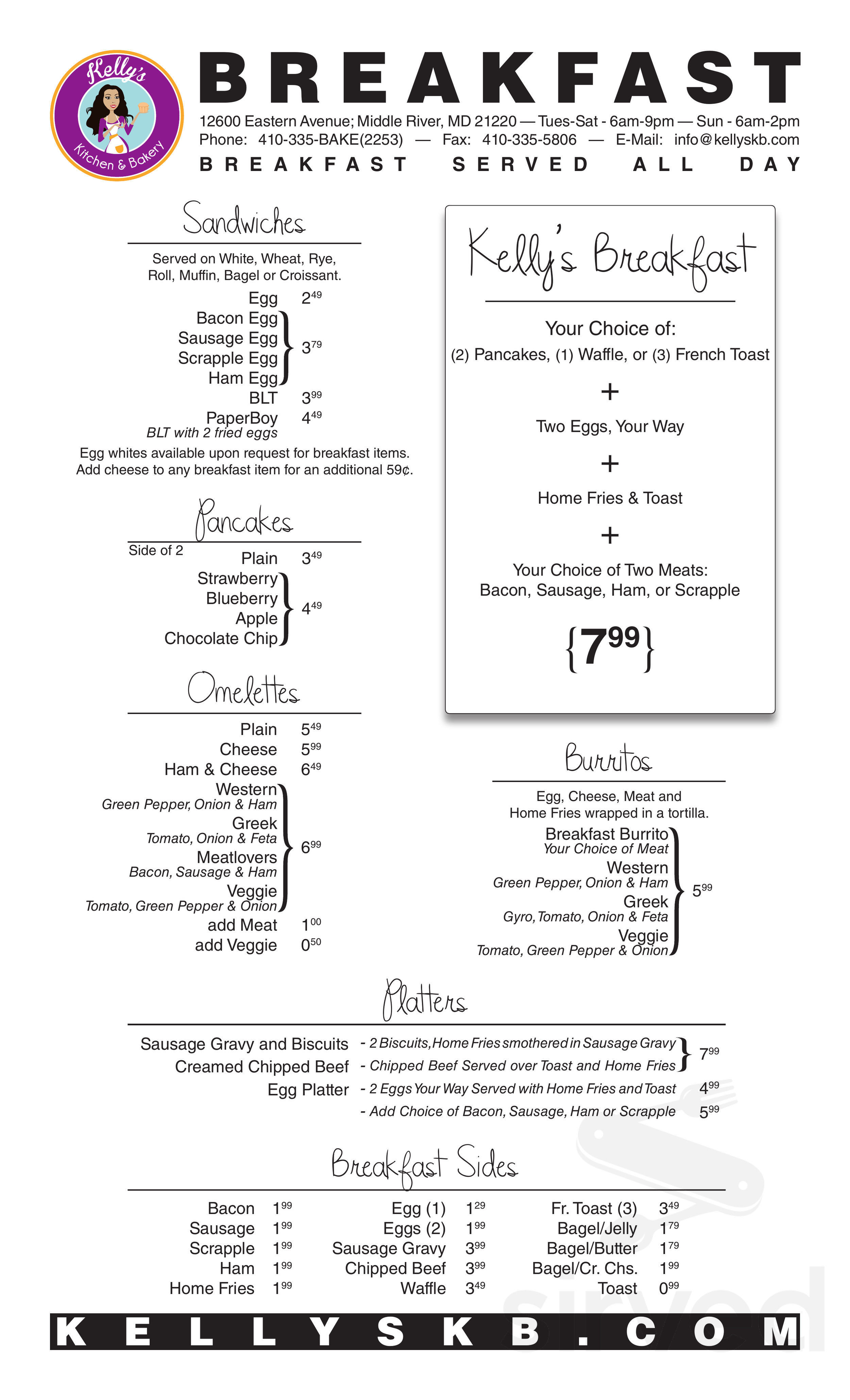 Menu for Kelly's Kitchen and Bakery in Middle River, MD | Sirved