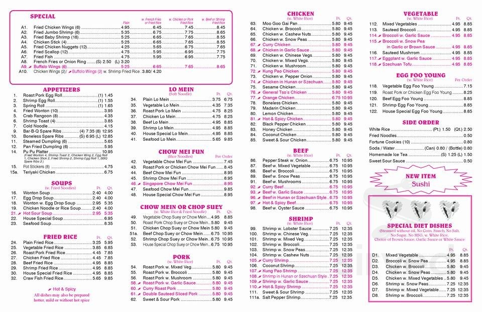 Pan's Express menu in Kentwood, Louisiana, USA
