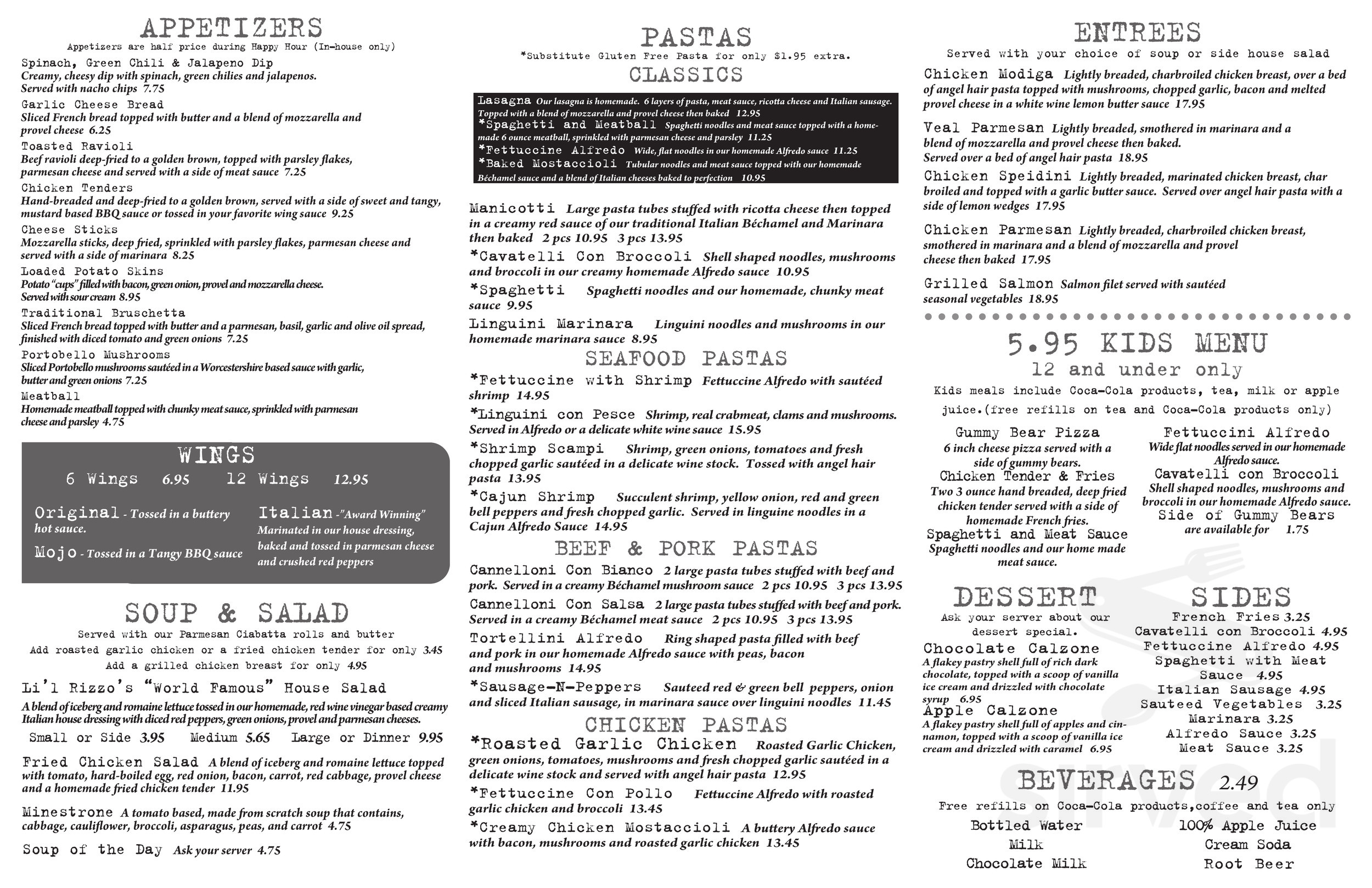 Li'l Rizzo's Restaurant - Osage Beach menus in Osage Beach, Missouri ...