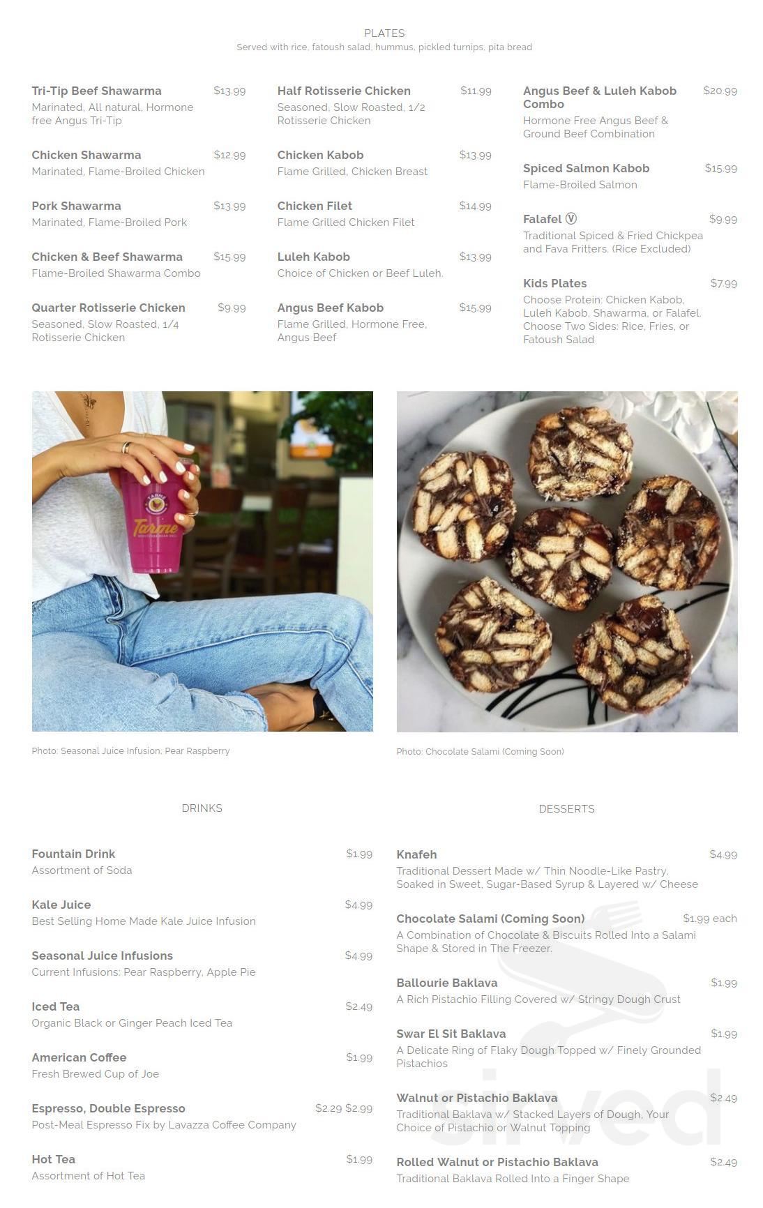 Menu - Glendale CA's Tarme Mediterranean Grill | Sirved