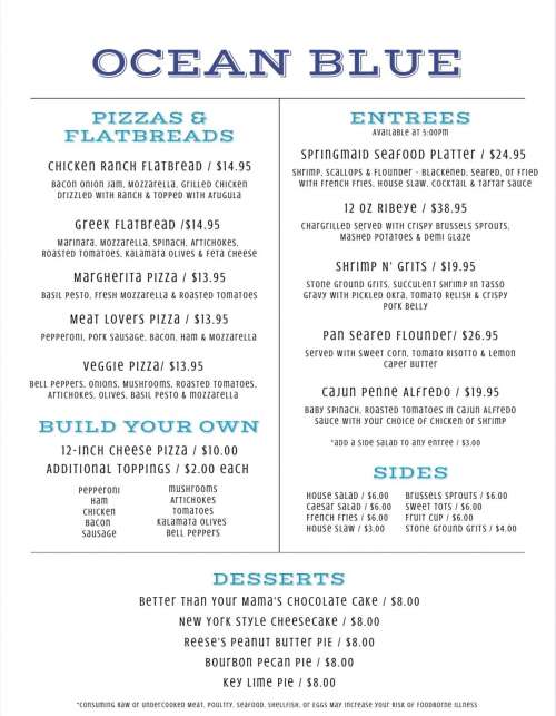 Ocean Blue Restaurant menu in Myrtle Beach, South Carolina, USA