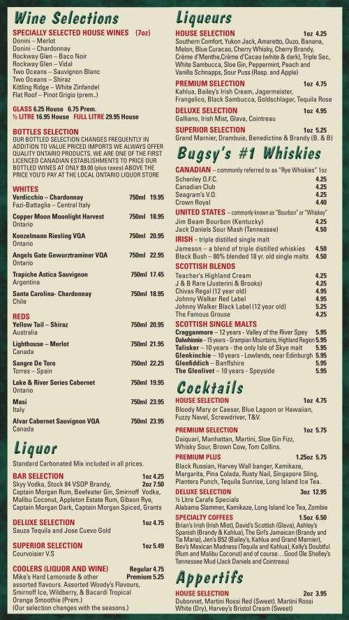 Bugsy's menu in St. Catharines, Ontario, Canada