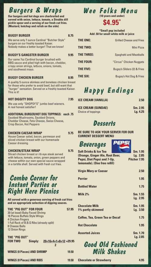 Bugsy's menu in St. Catharines, Ontario, Canada
