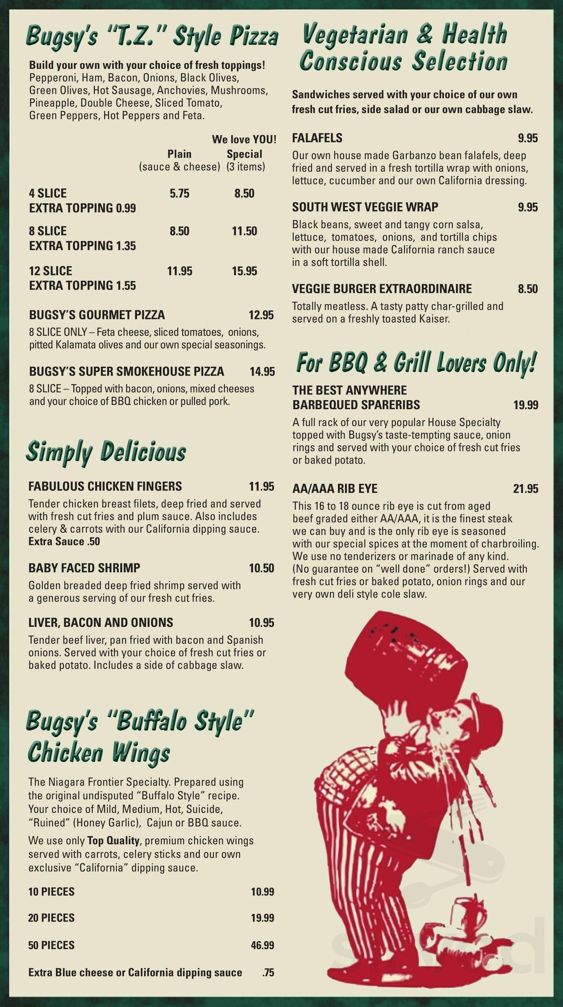 Bugsy's menu in St. Catharines, Ontario, Canada