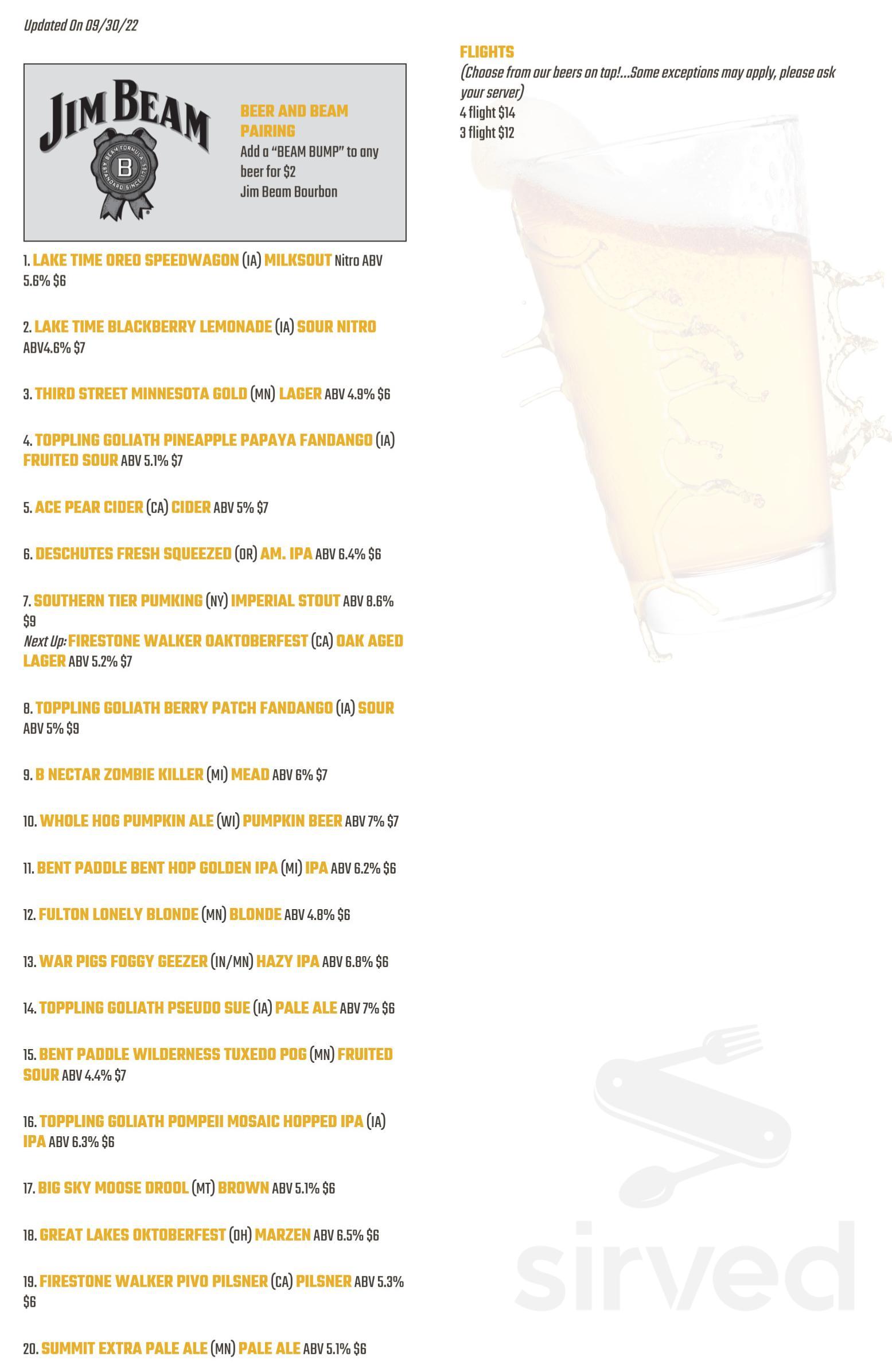 The Tap House menu in Rochester, Minnesota, USA