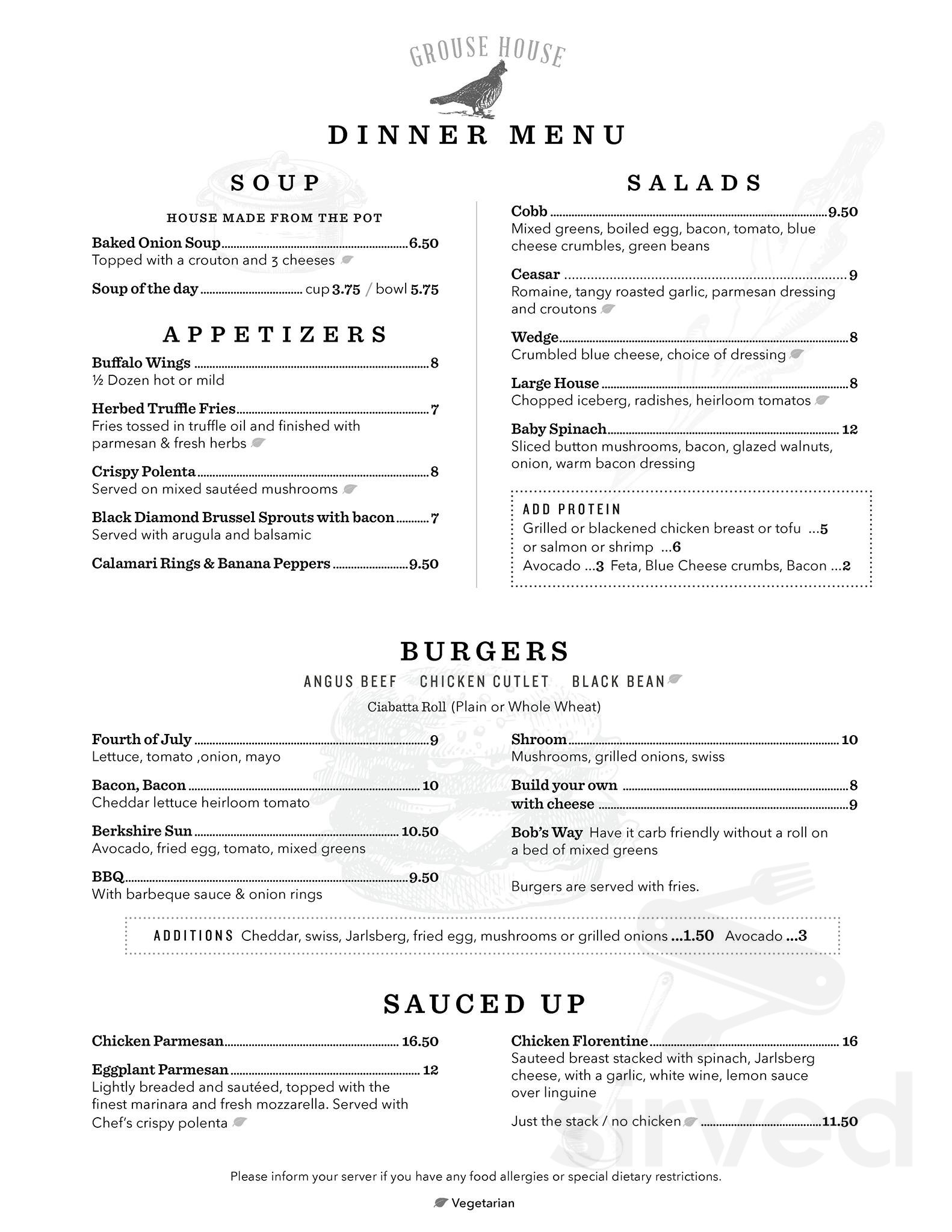 Grouse House Restaurant at Otis Ridge menu in Otis, Massachusetts, USA