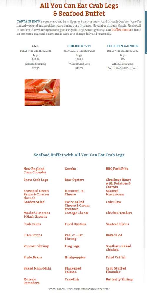 Captain Jim's Seafood Buffet menu in Pigeon Forge, Tennessee, USA