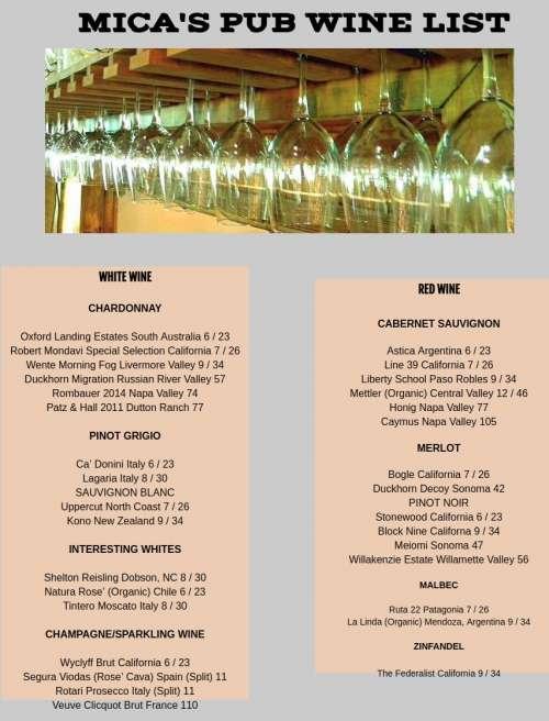 Mica's Restaurant and Pub menu in Sapphire, North Carolina, USA