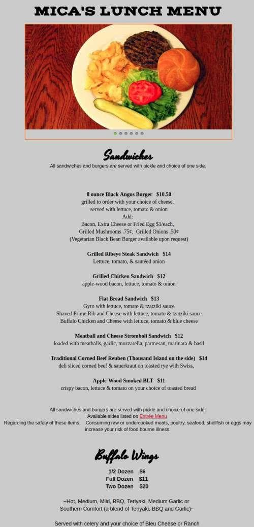 Mica's Restaurant and Pub menu in Sapphire, North Carolina, USA