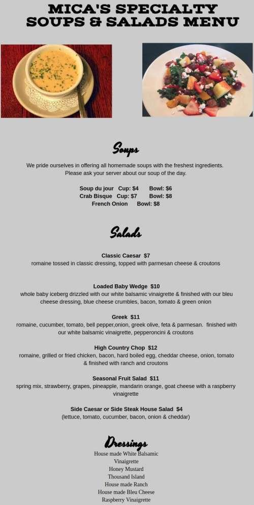 Mica's Restaurant and Pub menu in Sapphire, North Carolina, USA