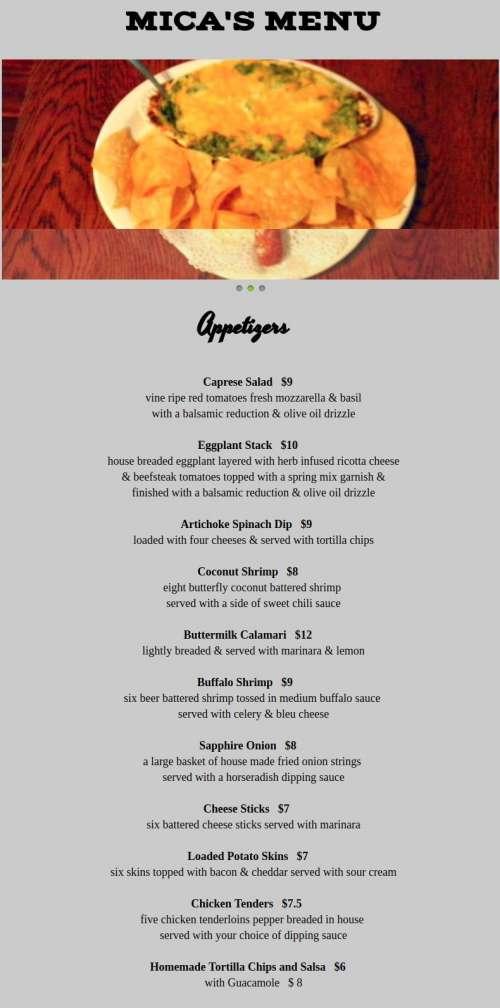 Mica's Restaurant and Pub menu in Sapphire, North Carolina, USA